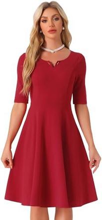 Allegra K Robe Trapèze en Tricot Femme Col en V Demi-Manches Robe Mi-Longue Élégante Tenue daffaires Décontractée Rouge L