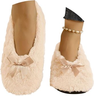 Minetom Damen Pl&uuml;sch Fliege Hausschuhe Antirutsch Baumwolle Pantoffeln Mit Polar Fleece-Futter Slip On Flache H&uuml;ttenschuhe Ballerinas A Aprikose 38/40 EU