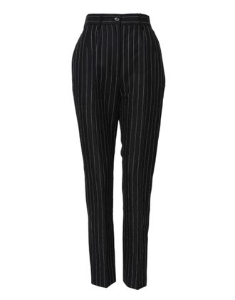 Dolce & Gabbana Womens Black Stripes High Waist Tapered Pants Linen Cotton