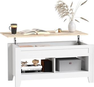 HOMCOM Table Basse Plateau relevable, Table de Salon avec étagères et Compartiment caché,105 x 50 x 49-62,5 cm pour Salon, Chambre, Blanc