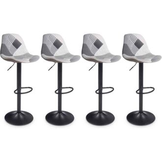 IDMarket Idmarket - Lot de 4 tabourets de bar patchwork noir, gris et blanc - Hauteur r&eacute;glable 57 &agrave; 79 cm - Socle rond 38,5 cm - Assise rembourr&eacute;e confortable