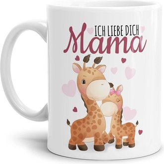 Tassendruck Tasse mit Tiermotiv Zwei Giraffen - Mama, ich Liebe Dich - Geschenk f&uuml;r die liebste Mama - Keramiktasse, Wei&szlig;, 300 ml