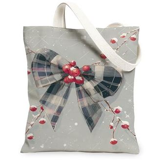 Generic Sacs fourre-tout en toile avec noeud de No&euml;l, motif floral &eacute;l&eacute;gant, sacs d&eacute;picerie r&eacute;utilisables, vintage, l&eacute;gers, lavables &agrave; l&eacute;paule S, gris, 13x15 I