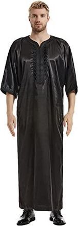QWUVEDS Chemise élégante à manches mi-longues brodée en satin arabe musulman décontracté pour homme, Noir, L
