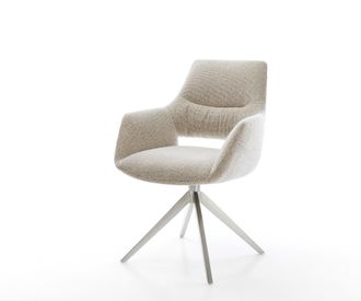 DELIFE Drehstuhl Yago-Flex mit Armlehnen Webstoff Soft Beige Kreuzgestell breit Edelstahl 360&deg; drehbar Wippfunktion Taschenfederkern, Esszimmerst&uuml;hle