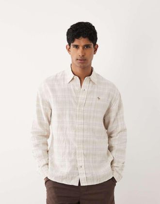 Abercrombie & Fitch Chemise &agrave; carreaux en lin majoritaire avec manches longues - Blanc