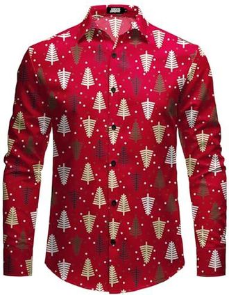 JOGAL Chemise de Noël à manches longues pour homme - Chemise de Noël amusante - Imprimé de Thanksgiving, Rouge xmas, XXL