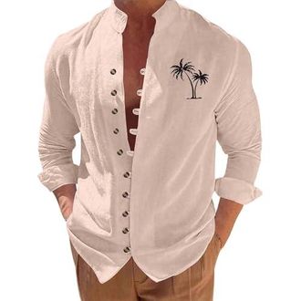 Generic Chemise Henley en coton et lin pour homme - Chemise d&eacute;contract&eacute;e en coton et lin - Motif noix de coco - Imprim&eacute; &agrave; chaud - Revers debout - Manches long