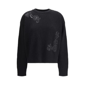 Versace Femme, Pulls, Noir, Taille: 34 FR Pull en laine à feuille Barocco