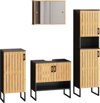 Vicco Badm&ouml;bel-Set Bambus Vayra, bestehend aus Badspiegelschrank, Waschbeckenunterschrank, Midischrank, Hochschrank - Viel Stauraum Oben und unten