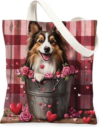 Generic Sac fourre-tout en toile pour le shopping 33 x 38 cm, motif chien berger shetland, sac &agrave; bandouli&egrave;re r&eacute;utilisable pour femme, peinture danimaux domest