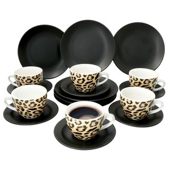 MamboCat 18-TLG. Leopard Lampart Kaffee-Service I Schwarz & Leoparden Muster I Kaffeetasse, Untertasse & Kuchenteller f&uuml;r 6 Personen I Kaffee-Set