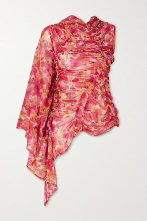 Dries Van Noten Asymmetrisches Oberteil Aus Seidenchiffon Mit Blumenprint Und Raffungen - Pink