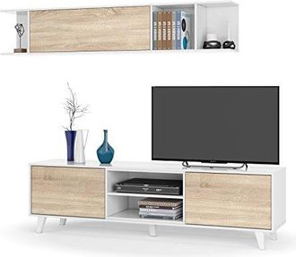 Dmora Buffalo-Wandsystem, TV-Ständer, Wohnzimmermöbel, Wohnzimmerkomposition mit Schrankwand, 180 x 41 x 51 cm, Weiß und Eiche