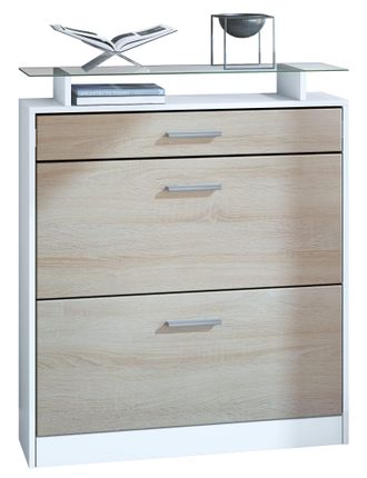 Vladon Schuhschrank Loret 89 x 104 x 23 cm Schuhkipper f&uuml;r 16 Paar Schuhe mit 1 Schublade, 1 Glasablage, Farben Wei&szlig; matt & Eiche s&auml;gerau