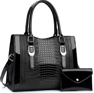 Nicole & Doris Elegante Handtasche Damen Schöne Tasche mit Geldbörse Umhängetasche Lackleder Schultertasche Tote Bag für Büro Reise Einkauf Schwarz