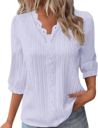 Generic Haut à col en V pour femme - Tendance - Manches bouffantes - Travail occidental uni - Dentelle unie - Vacances dété - Blouses daffaires - Broderie - V