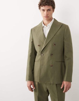 Asos Zweireihige Slim-Fit-Anzugjacke in dunklem Oliv mit hohem Leinenanteil-Gr&uuml;n