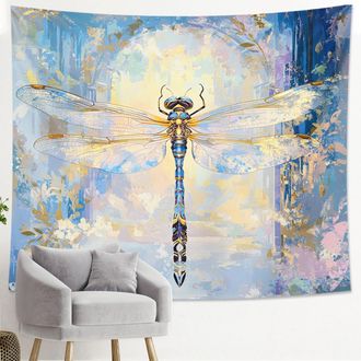 Generic Blau-gelber Libellen-Wandteppich, abstrakt, künstlerisch, böhmisch, dekorativer Raum-Wandbehang, mystische Wandteppiche, ästhetisch für Schlafzimmer, 