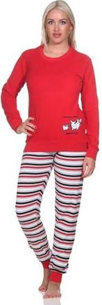 Normann Pyjama en tissu éponge pour femme, pantalon rayé, haut avec joli motif animal, rouge2, 52-54