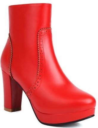 Generic Bottines &agrave; talon carr&eacute; et bout rond pour femme avec fermeture &eacute;clair lat&eacute;rale - Chaussures dhiver chaudes en peluche, Rouge, 40.5 EU