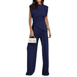 Generic Tenue deux pi&egrave;ces pour femme, col rond, pliss&eacute;, sans manches, d&eacute;contract&eacute;, d&eacute;bardeur &agrave; jambes larges, confortable et &eacute;l&eacute;gant, bleu marine, XXL