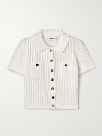 Self Portrait Haut Raccourci En Coton Et Cachemire Mélangés Crochetés À Sequins - Blanc