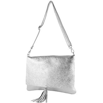 modamoda.de Modamoda de T241 Sac &agrave; main en cuir pour femme, sac &agrave; bandouli&egrave;re, pochette de soir&eacute;e en daim, taille moyenne, fabriqu&eacute; &agrave; la main en Italie, Argent m&eacute;