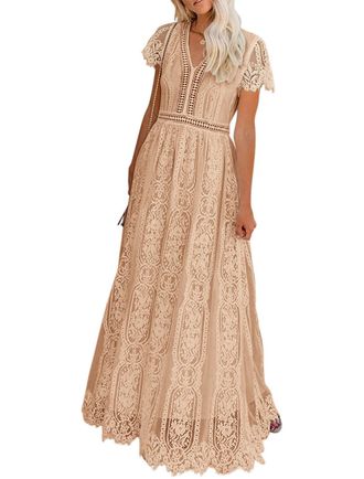 Merokeety Damen V Ausschnitt Kurzarm Floral Spitze Hochzeitskleid Brautjungfer Cocktail Party Maxikleid, Aprikose, Gro&szlig;