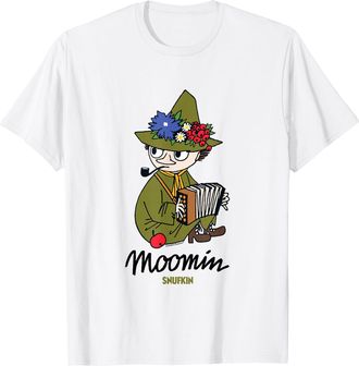 Moomin T-Shirt f&uuml;r Damen: Snufkin spielt Akkordeon, Wei&szlig;, S, Klassisch, Halbarm, Pull-On