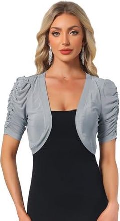 Allegra K Bol&eacute;ro Femme en Maille &agrave; Manches Courtes Fronc&eacute;es Gilet Court L&eacute;ger Demi-Transparent Cardigan pour Robe de Cocktail Gris Clair S