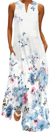 Ocean Plus Damen Ärmelloser Langer Rock V-Ausschnitt Bedrucktes Blumenkleid Ärmelloses Maxikleid mit V-Ausschnitt (5XL, Schmetterlinge in der Orchidee)