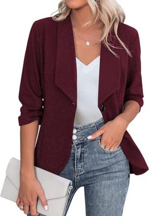 Zeagoo Blazer élégant pour femme - Manches 3/4 - Coupe ajustée - Décontracté - Pour le travail - Tailles S à 3XL, rouge bordeaux, S