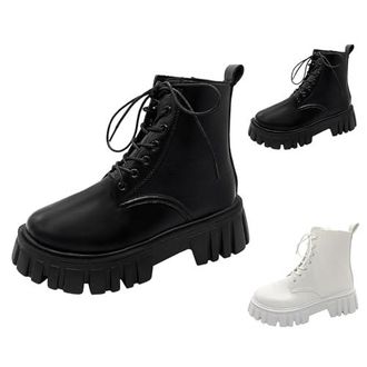 Generic Bottines &agrave; lacets pour femme avec fermeture &eacute;clair lat&eacute;rale - Bottines de combat courtes confortables &agrave; talon bas et bout rond - Semelle antid&eacute;rapante