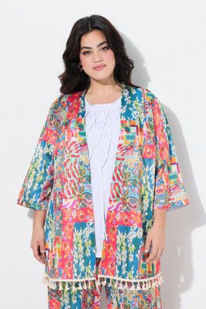 Angel Of Style Longbluse Kimono Satin mit Alloverdruck Quasten-Zierbans
