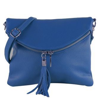 modamoda.de T07L / T139L Damen Leder kleine Umh&auml;ngetasche 2 Modelle handmade in Italy, Farbe:T139L Signalblau