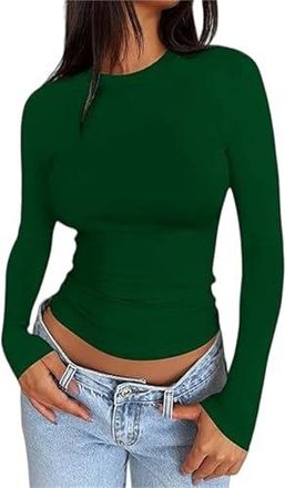 Generic Chemises &agrave; manches longues pour femme - Col rond - Compression serr&eacute;e - T-shirt de yoga extensible et ajust&eacute; pour sortir, Vert, XXL