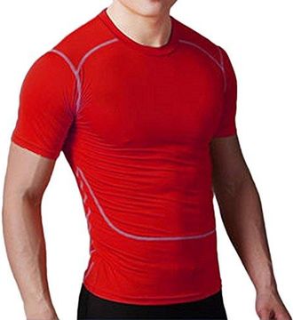 LaoZan Maillot Compression À Manches Courtes T Shirt pour Homme Sports Séchage Rapide Baselayer Haut Rouge XL