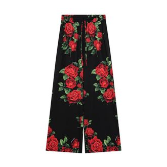 Dolce & Gabbana Pantalon Large Bouquet de Roses en Serg&eacute; - Femme - Pantalons - Multicolore - Taille: 46 FR