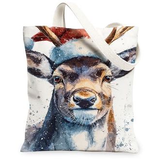 Generic Sacs fourre-tout en toile motif renne de No&euml;l, sacs d&eacute;picerie r&eacute;utilisables, l&eacute;gers et lavables avec bandouli&egrave;re, blanc, 13x15 Inch