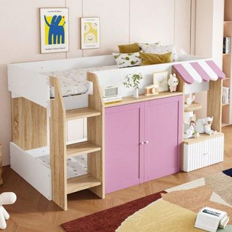 Generic Kinderhausbett 90x200 cm - Halbhohes Zwischengeschoss aus Massivholz mit Leiter und offenem Stauraum, ohne Matratze, wei&szlig; + rosa Farbe + Naturholz