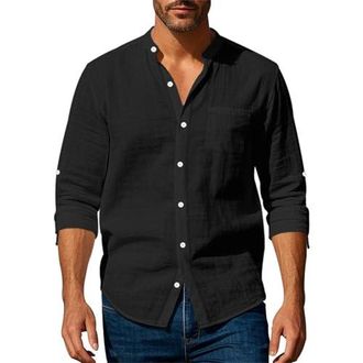Generic Chemise d&eacute;contract&eacute;e &agrave; manches longues en lin pour homme - Col montant - Chemise de plage l&eacute;g&egrave;re avec poche pour v&ecirc;tements de vill&eacute;giature, Noir, 3XL