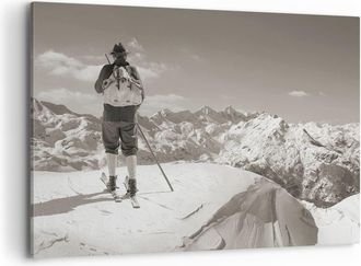 Arttor Bilder auf Leinwand 100x70cm Leinwandbild Skifahrer Bayern Sepia Groß Wanddeko Bild Schlafzimmer Küche Deko Wandbilder Dekoration Wohnzimmer Wall Deco