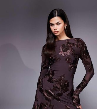 KAIIA Exclusivit&eacute; - Kaiia - Robe courte &agrave; fleurs textur&eacute;es, encolure bateau et ourlet volant&eacute; - Chocolat-Brown