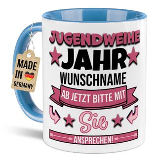Tassendruck Tasse zur Jugendweihe mit Namen und Jahr selbst gestalten - Ab jetzt Bitte mit Sie ansprechen, pink - Personalisiertes Geschenk - Keramiktasse, 300 ml