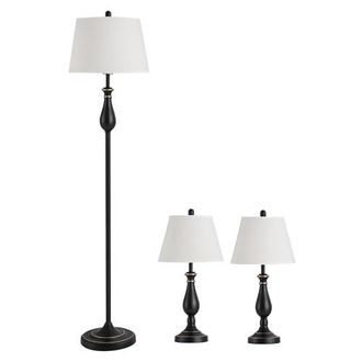 HOMCOM Set de 3 lampes 2 lampe de table (&oslash;30 x 62H cm) + 1 lampadaire (&oslash;38 x 158H cm) Vintage, noir+blanc, m&eacute;tal, PS, polyester, coton Socle de lampe E27