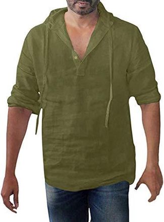 Generic Chemise en coton et lin pour homme Henley Tops &agrave; manches longues et chemises en lin pour homme Taille baggy Tunique classique, vert militaire, 3XL