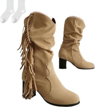 Generic Bottes Mi-Mollet Pour Femmes Avec Talon Carr&eacute;, Bottes D&eacute;quitation Tendance Aspect Daim Avec Design Pliss&eacute; Et Franges, Bottes Confortables &Agrave; Enfiler Po