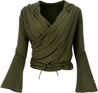 Guru Shop Guru-Boutique, Chemise Cache-coeur, Chemise de Yoga, Chemise &agrave; Manches Longues Avec Manches Trompettes, Vert Olive, Ducoton, Size:S / M (38), Chandail