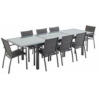 Sweeek Salon de jardin table extensible - Philadelphie Gris anthracite - Table en aluminium 200/300cm. plateau de verre. rallonge et 8 fauteuils en textil&egrave;ne